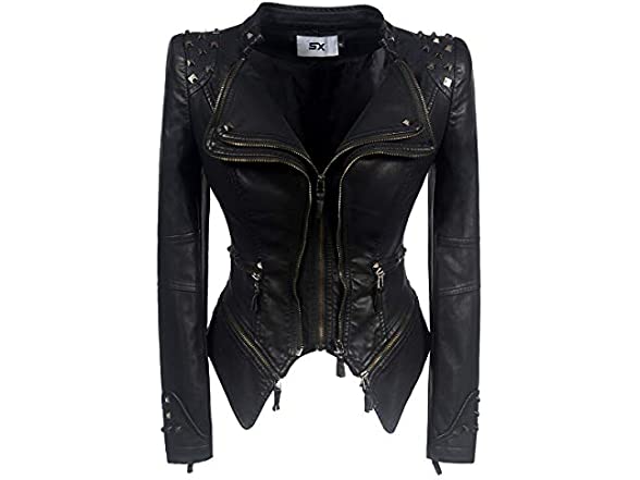 ZJX Zipper Dovetail PU Leather Jacket, Large