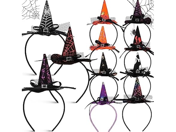 48 Pcs Halloween Headbands Witch Hat, Orange/Black